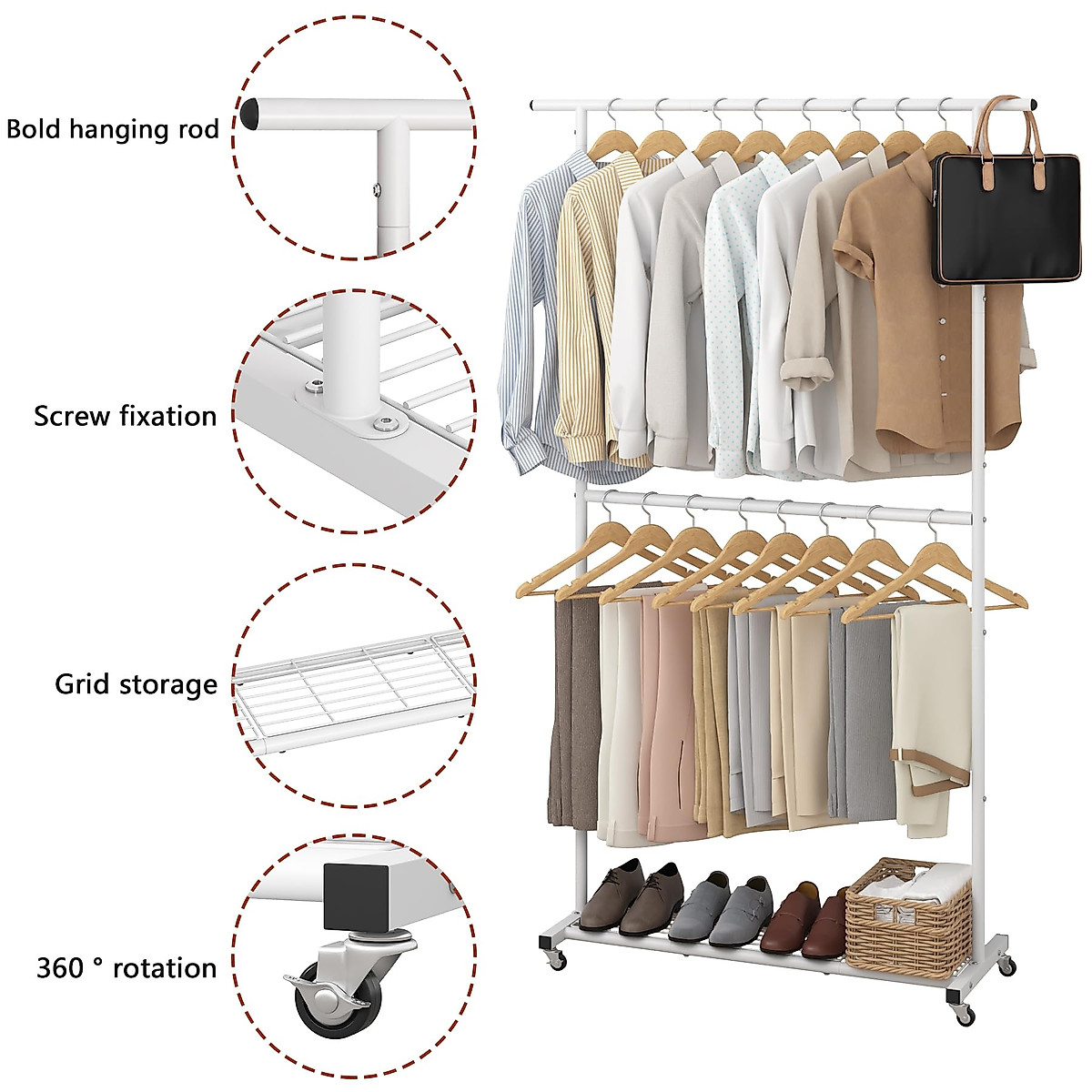 Sywhitta Double Rod Clothing Garment Rack, Rolling Coat Hanger with Bottom Mesh, Clothing Rack for Hanging Clothes, Coats, Skirts, Sweaters, White