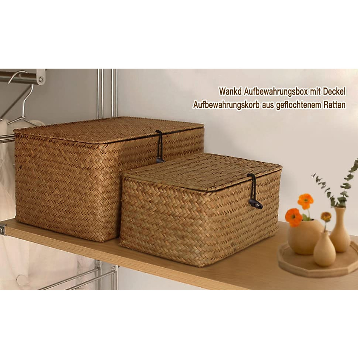 Sobotoo Wicker Storage Basket with Lid, Natural Hand-woven Rattan Storage Box, Rectangular Household Organizer Boxes Shelf Wardrobe Organizer (L+XXL)
