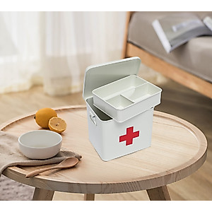 Xbopetda Metal Medicine Storage Tin,First Aid Kit Tin, First Aid Medicine Supplies Bin, First Aid Box with Removable Tray for Home Emergency Tool Set (White)