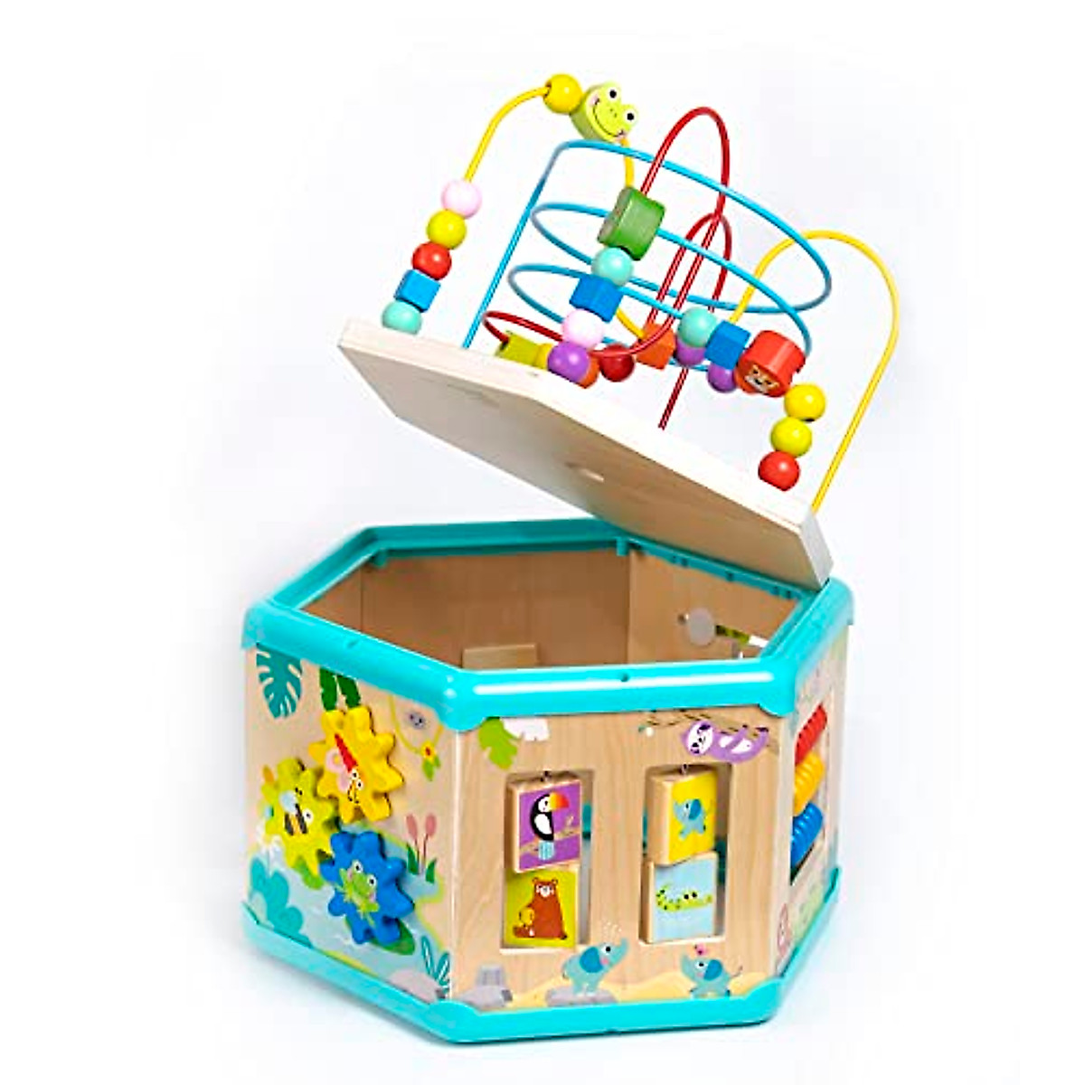 Pidoko Kids Wooden Activity Cube with 2 Tops - Montessori Center Birthday Gifts for 18 Months + Year Old Toddlers - Developmental Learning Baby Girl Boy Toys - Educational Bead Maze Set and Zoo Book