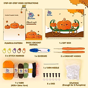Crochetta Crochet Kit for Beginners, Crochet Starter Kit with Step-by-Step Video Tutorials, Crochet Animal Kits for Adults and Kids, DIY Craft Supplies, 3 Pack Pumpkins Thanksgiving Decor (40%+ Yarn)