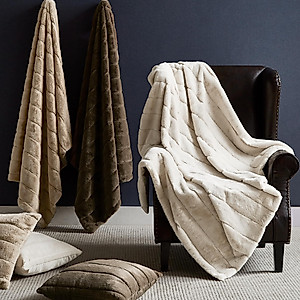 Geniospin Ultra Soft Throw Blanket for Couch, Bed, Sofa - 450 GSM Faux Fur Reversible Blankets with Strip, Fluffy Plush Fuzzy Throws, Warm, Luxury and Cozy Blanket (Ivory, 50x60 inches)