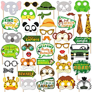 41PCS Jungle Safari Photo Booth Props Wild Animals Forest Themed Party Props Kit for Jungle Safari Kids Baby Shower Birthday Party Decorations Supplies
