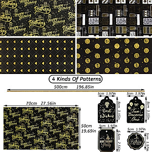 Larcenciel Birthday Wrapping Paper, Gift Wrapping Paper set, Black Gold Design w/Jute Twine and Gift tag, Gift Wraps for Birthday, Valentines, Christmas, Graduation, Baby Shower,4 Sheets 27.5x19.6inch