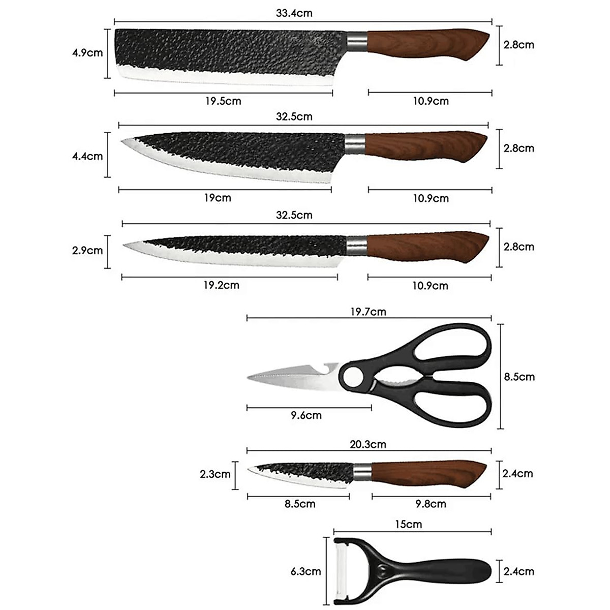 Generic Stainless Steel Kitchen Knife Set, 6 Pieces, Forged Black Nonstick Blades, INZO_PRO6