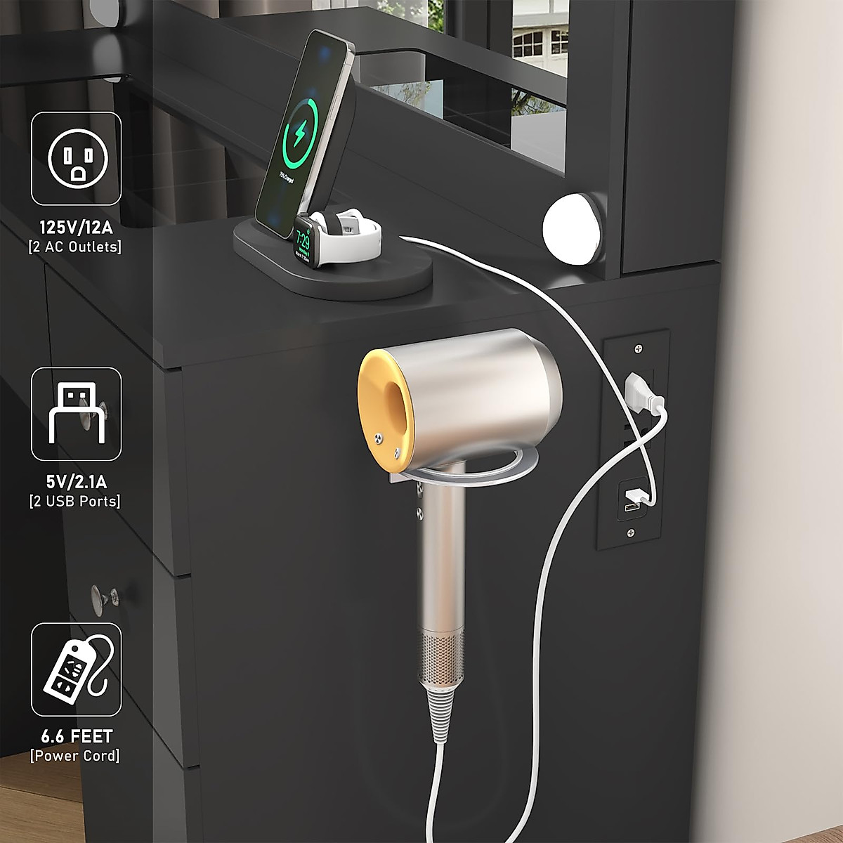 Vanity Desk with Lighted Mirror & Power Outlet, Makeup Vanity Table with 5 Drawers & 2 Cabinets, Large Vanity Set with Stool, Glass Top, Sliding Jewelry Storage Shelves, for Women Girls, Black