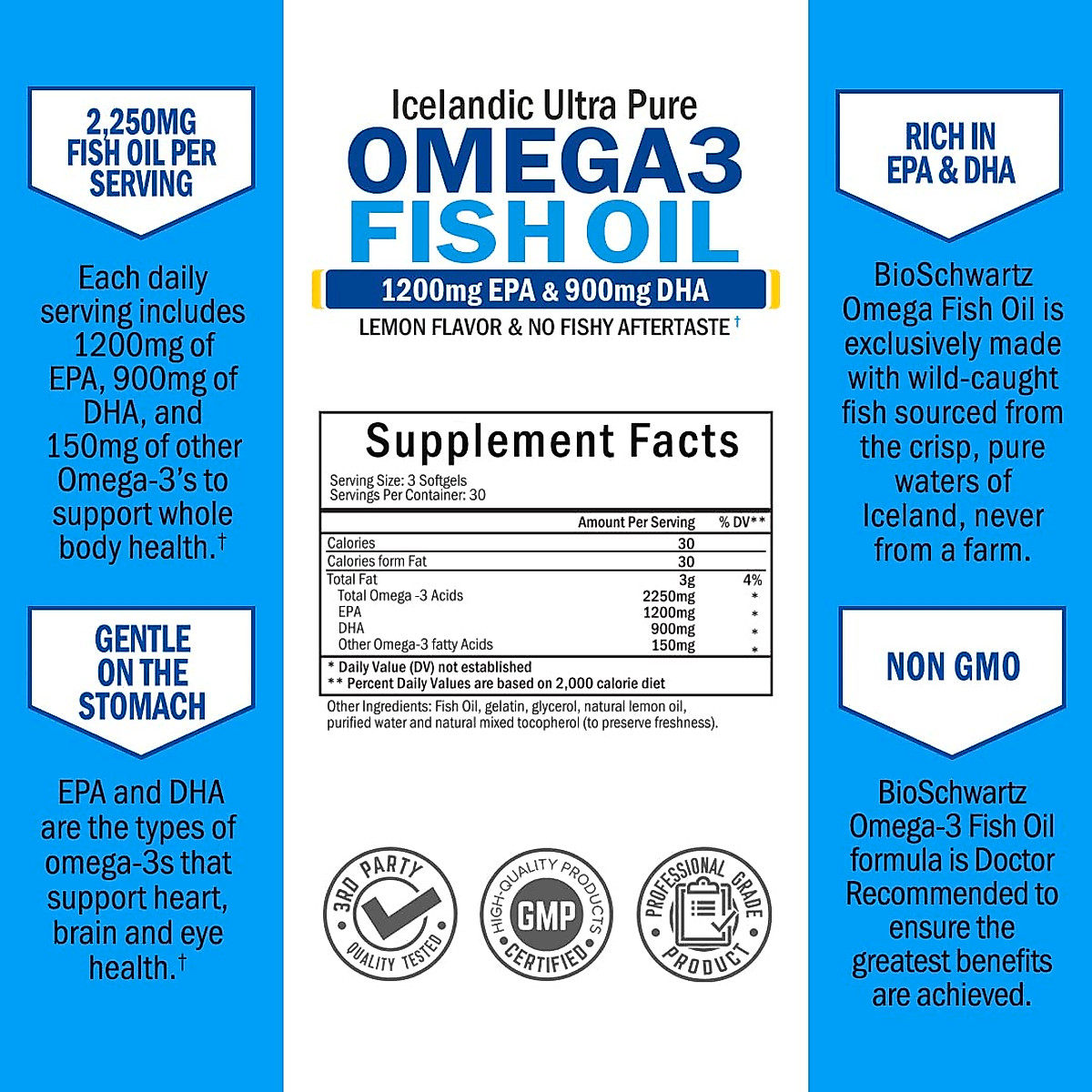 Omega 3 Fish Oil Supplement - 1200mg EPA and 900mg DHA Fatty Acid Per Serving - Supports Joint, Eyes, Brain & Skin Health - Burpless Lemon Flavor, Gluten-Free, 90 Softgels (Packaging May Vary)