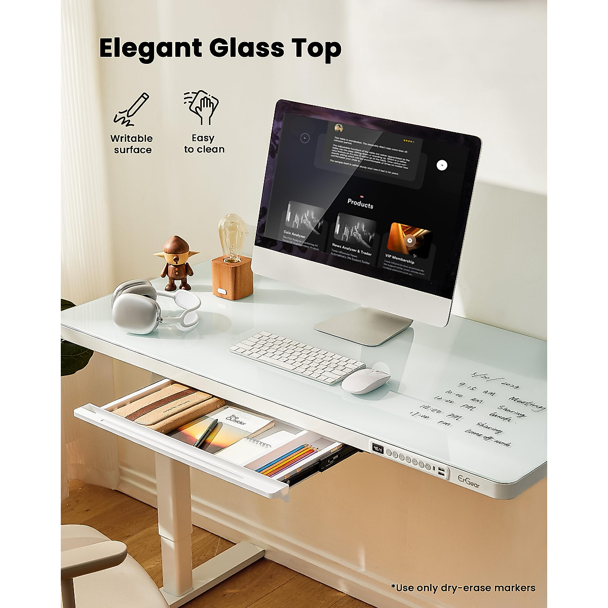 ErGear Dual Motor Electric Standing Desk with Drawers,48x24 Inch Whole-Piece Glass Desktop Quick Install,Height Adjustable Stand up Sit Stand Home Office Ergonomic Workstation with USB Charging Ports