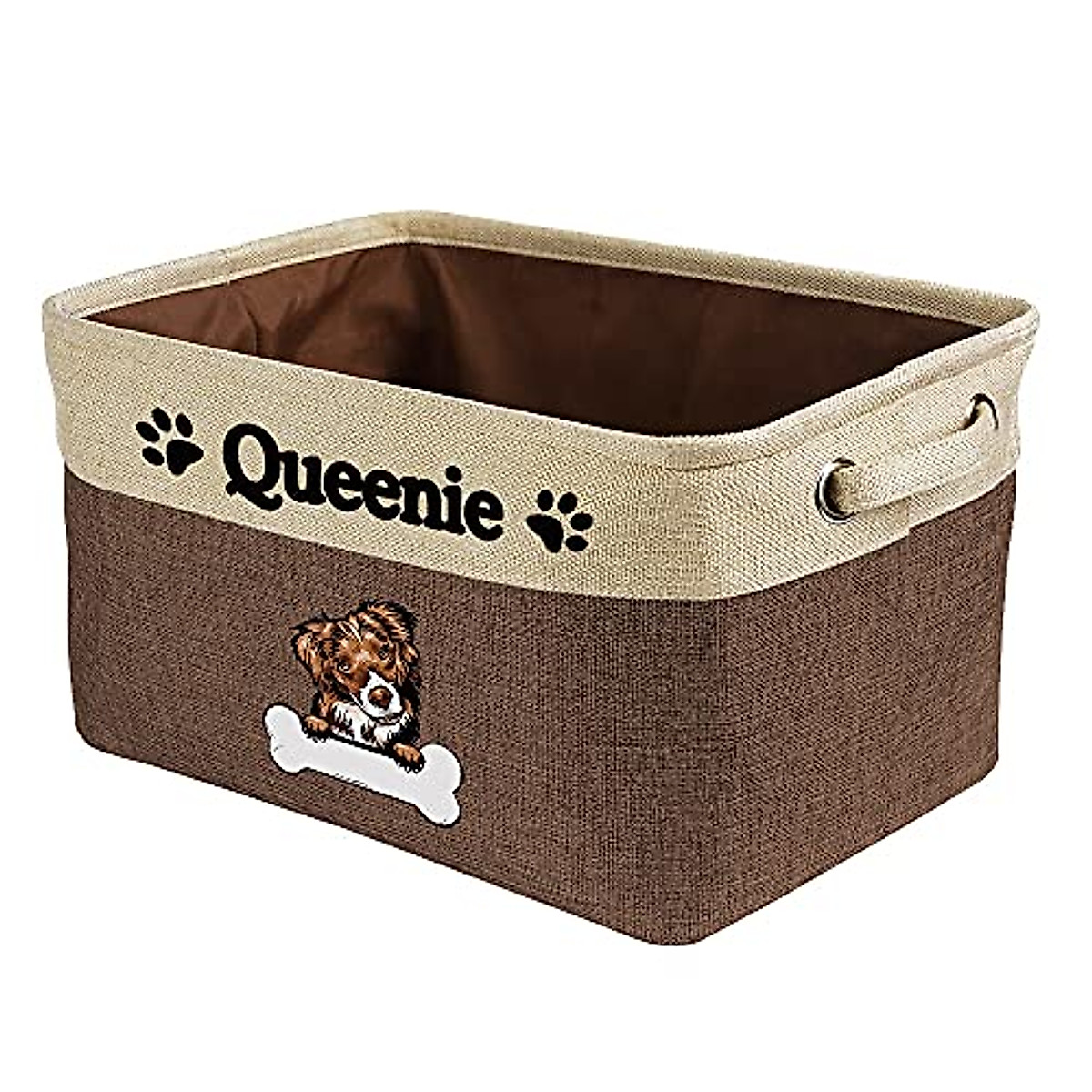 MALIHONG Custom Foldable Storage Basket with Cute Dog Australian Shepherd Collapsible Sturdy Fabric Bone Pet Toys Storage Bin Cube with Handles for Organizing Shelf Home Closet, Brown and White