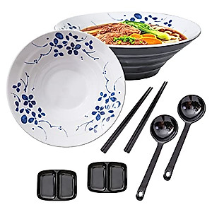 TP 60oz Ramen Bowls, 8-piece Unbreakable Japanese Melamine Noodles Bowls for Pho and Asian Dishes with Chopsticks Spoons set and Dipping Bowls, Set of 2