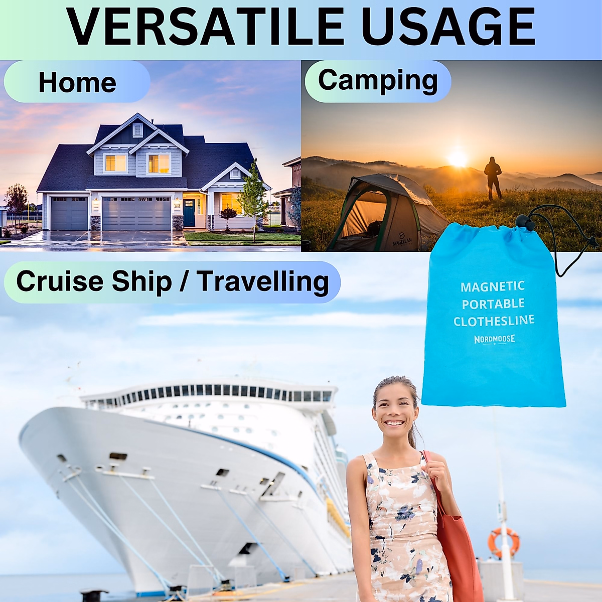 Magnetic Clothesline for Cruise Ship Cabin Approved - Strong Rubber Coated Non-Scratch Magnets, Travel Clothesline for Cruise Ship