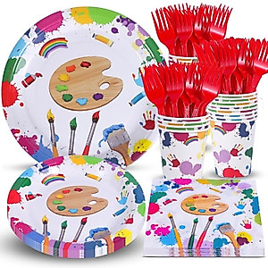 Atonofun Art Birthday Party Supplies, Art Plates and Napkins, Art Paper Plates, Cups, Napkins and Cutlery for Paint Birthday, Baby Shower Art Themed Parties Serves 24