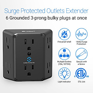 Multi Plug 6 Outlet Extender, Unidapt Black Surge Protector Wall Splitter, 1800J Power Strip 3 Side Wide Spaced Adapter Multiple Charger Expander, Mountable Wall Tap for Office Home Travel ETL Listed