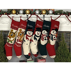 Personalized Hand Knit Mary Red Wool Snowman Chirstmas Stocking with Optional Personalization