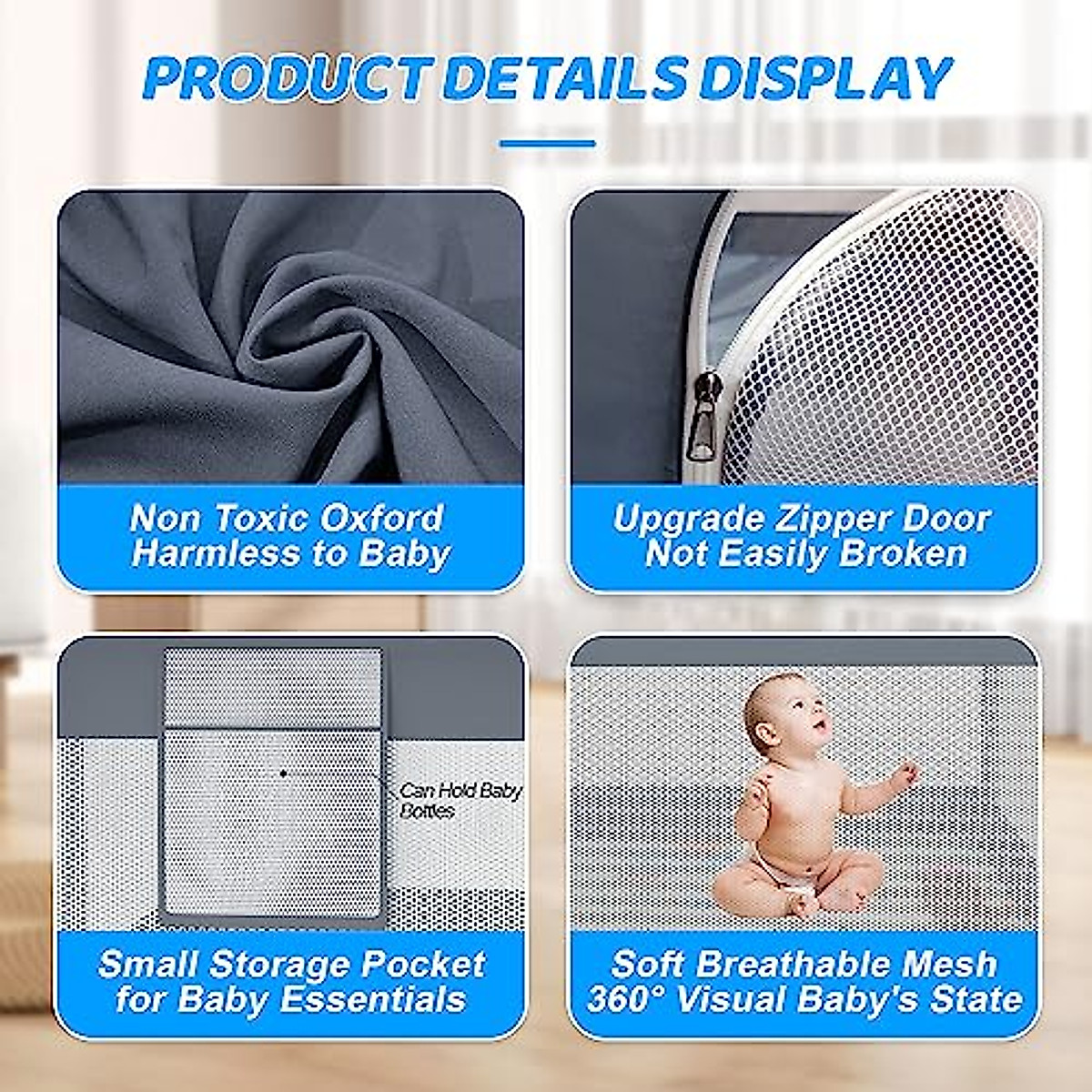 Baby Playpen with Mat Included - KIDLEBEE 50” x 50” Kids Play Pen Toddler Safety Play Yard Infant Fence Indoor Activity Center with Soft Breathable Mesh, Anti-Slip Base, Zipper Gate (Gray)