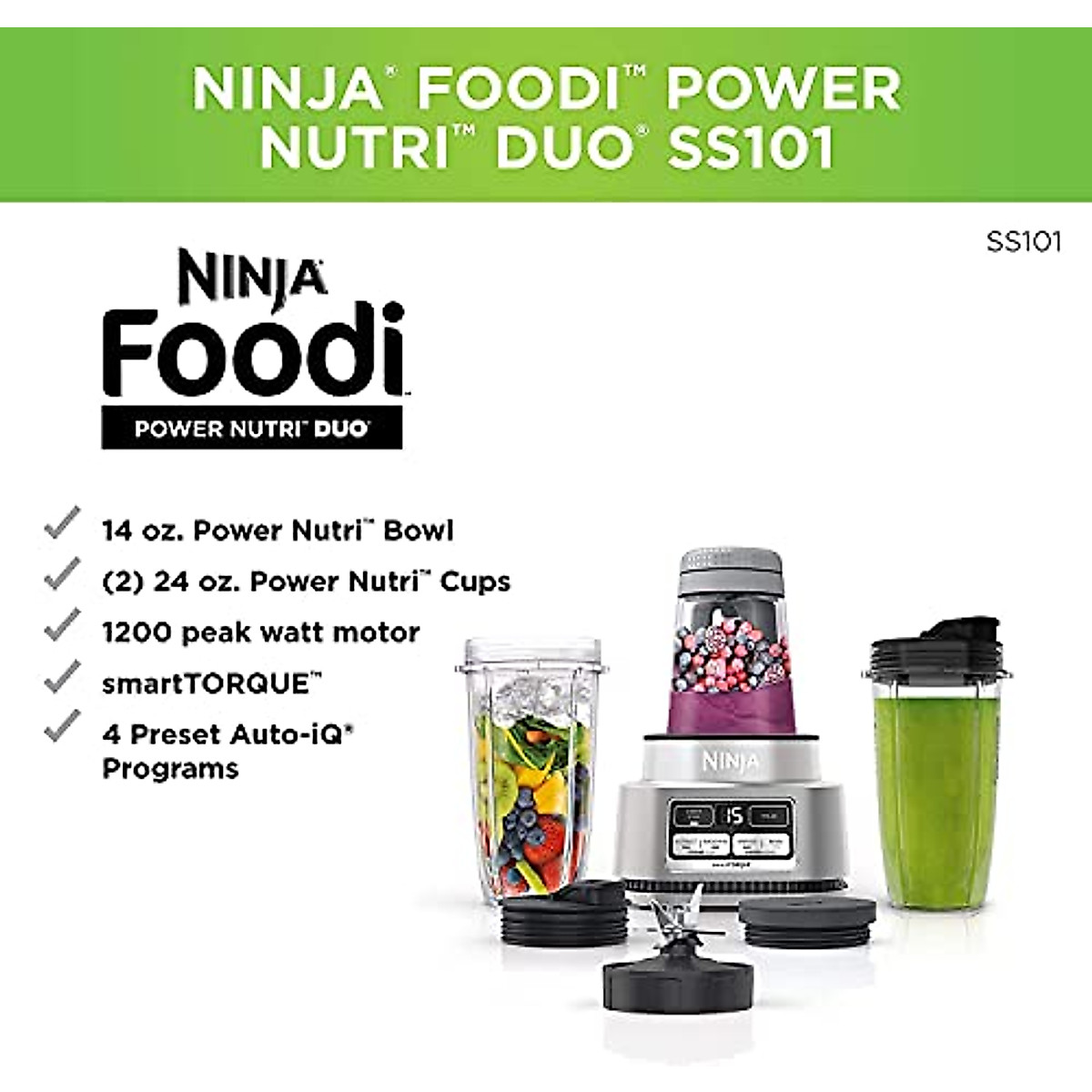 Ninja Foodi SS100 Stainless Steel Smoothie Blender Bowl Maker and Nutrient Extractor with 24-Oz Nutrient Extraction Cup, To-Go Lids and Hybrid Blades