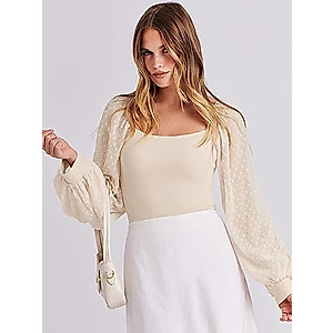 ANRABESS Rompers for Women Sheer Swiss Dot Puff Sleeve Square Neck Bodysuit Fall Casual Long Sleeve Dressy Leotard Top 1071xingse-L