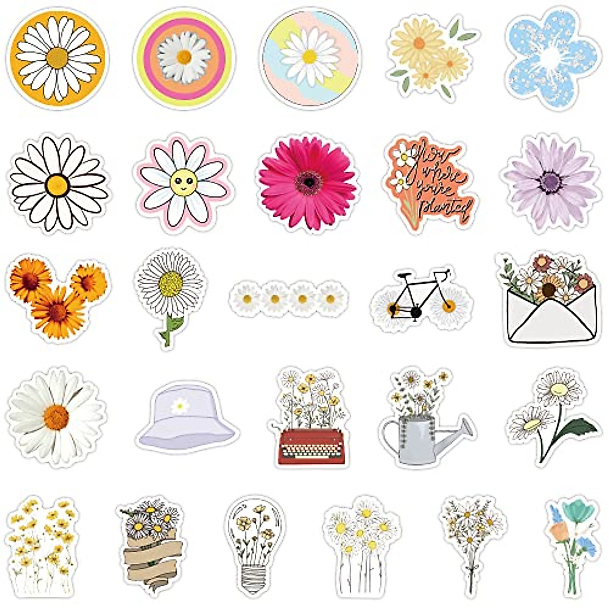 Flower Stickers,Plants Decals 50 Pcs,Vinyl Waterproof DIY Decorations for Laptop Water Botter Guitar,Happy Birthday Party Supplies,Decor for Teens Adults (Daisy Stickers)