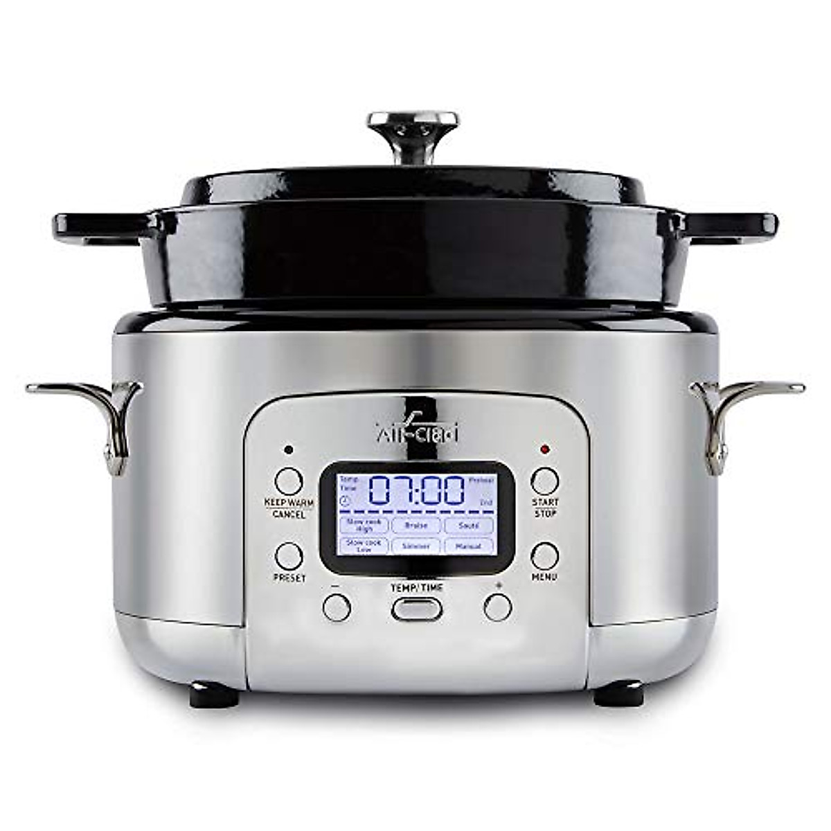 All-Clad Electrics Stainless Steel and Cast Iron Slow Cooker 5 Quart 7-in-1 Slow Cook High/Low, Braise, Sauté, Simmer, Manual, Keep Warm 1200 Watts Stove and Oven Safe Black Enamel Crock Insert