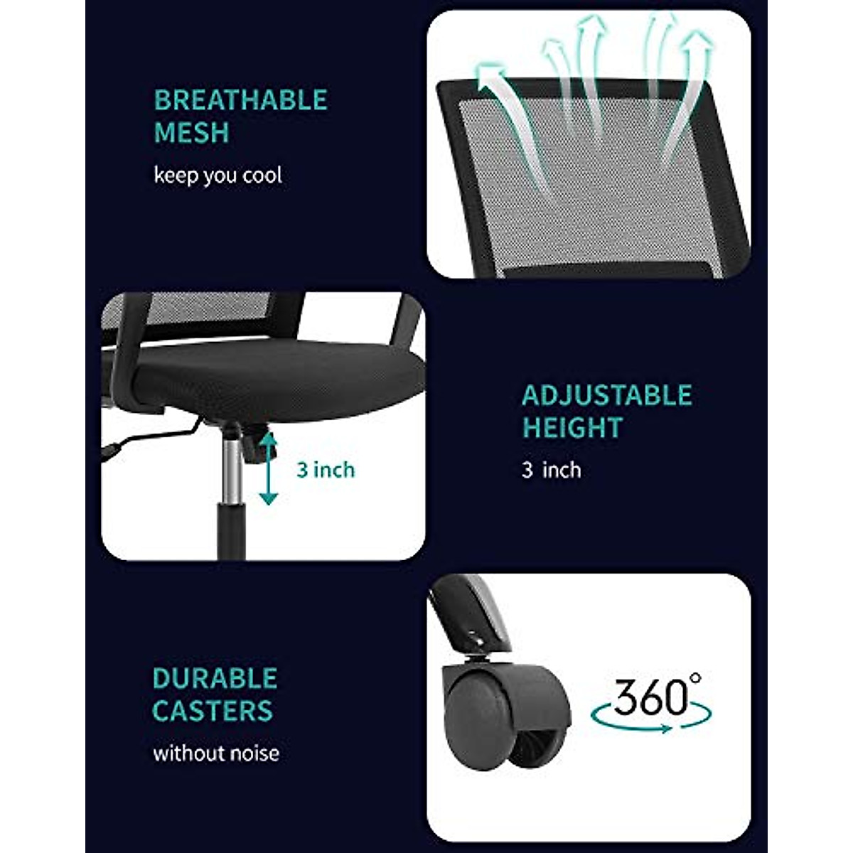 Office Chair Ergonomic Desk Chair Mid Back Computer Chair with Lumbar Support Armrests Breathable Mesh Height Adjustable Chair Rolling Swivel Chairs for Home Office,Black