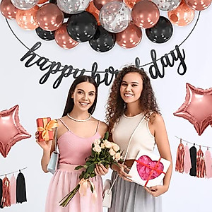 Black Rose Gold Birthday Party Decorations - Glittery Black Happy Birthday Banner(Pre-Strung), Tissue Paper Tassels Garland and Foil Confetti Balloons for Women Girls(Black Rose Gold).