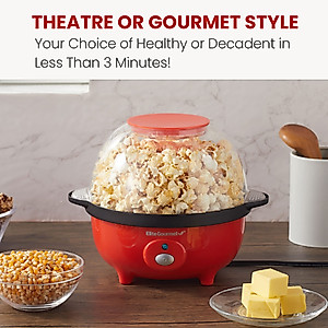 Elite Gourmet EPM330R Automatic Stirring 3Qt. Popcorn Maker Popper, Hot Oil Popcorn Machine with Measuring Cap & Built-in Reversible Serving Bowl, Great for Home Party Kids, Safety ETL Approved, Red