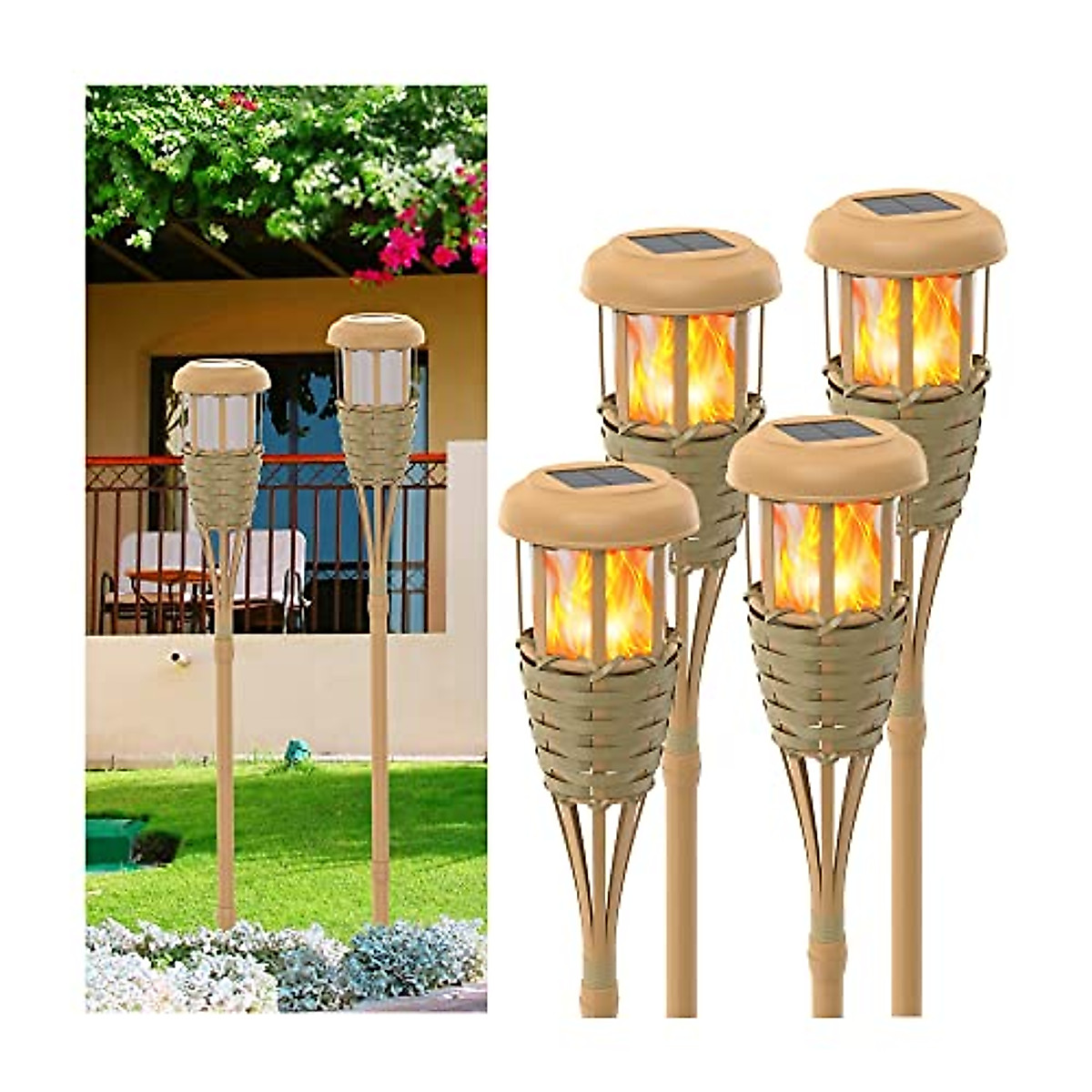 Hwishare Solar Lights Outdoor, 4Pack Solar Torch Light with Flickering Flame Waterproof Garden Tiki Torches for Outside