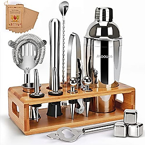 Mooues 18-Piece Bartender Kit, Stainless Steel Cocktail Shaker Set with Bamboo Stand, Bar Cart Accessories with All Essential Bar Tools, Bar Sets for The Home, Cocktail Set for Gift