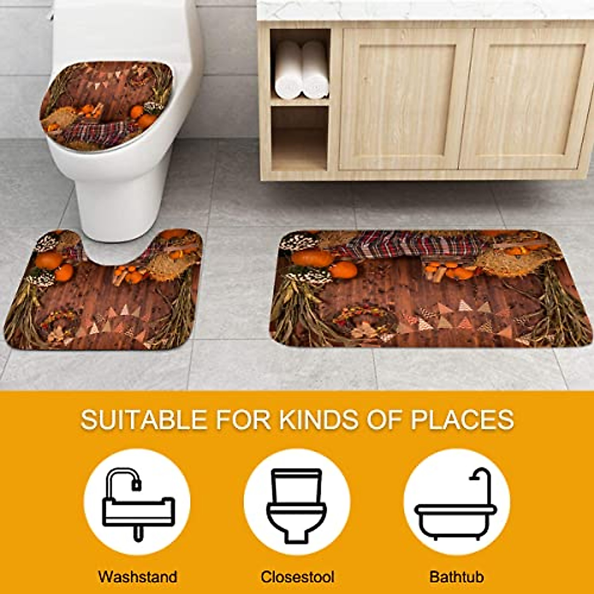 4Pcs Rustic Banner Pumpkins Farmhouse Shower Curtain Set with Non-Slip Rugs, Toilet Lid Cover Bath Mat, Pumpkins Maple Leaves Shower Curtain with 12 Hooks for Bathroom (Rustic Banner Pumpkins)