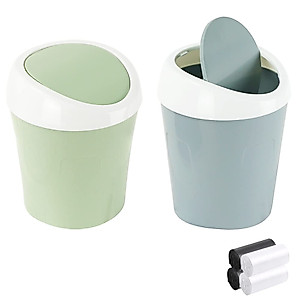 SITAKE 2 Pcs Plastic Mini Wastebasket Trash Can with 120 Trash Bags, Tiny Desktop Waste Garbage Bin with Swing Lid for Home, Office, Kitchen, Vanity Tabletop, Bedroom, Bathroom (Blue + Green)