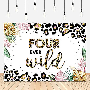 Lofaris Four Ever Wild Birthday Backdrop 4th Birthday Safari Jungle Leaves Photography Background Child Kids Birthday Party Decorations Girl Cake Table Banner Photo Booth Props 7x5ft