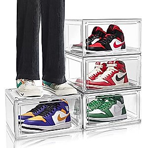 EDS FAM 4 Pack Sneaker Storage for Sneakerheads Shoe Boxes Crates Clear Plastic Stackable Boot Display Case