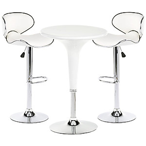 Displays2go White Cocktail Table with 2 Chairs, Adjustable Height, ABS Plastic and Steel Construction, Leatherette Upholstery – White, Chrome (TSFURNK14)