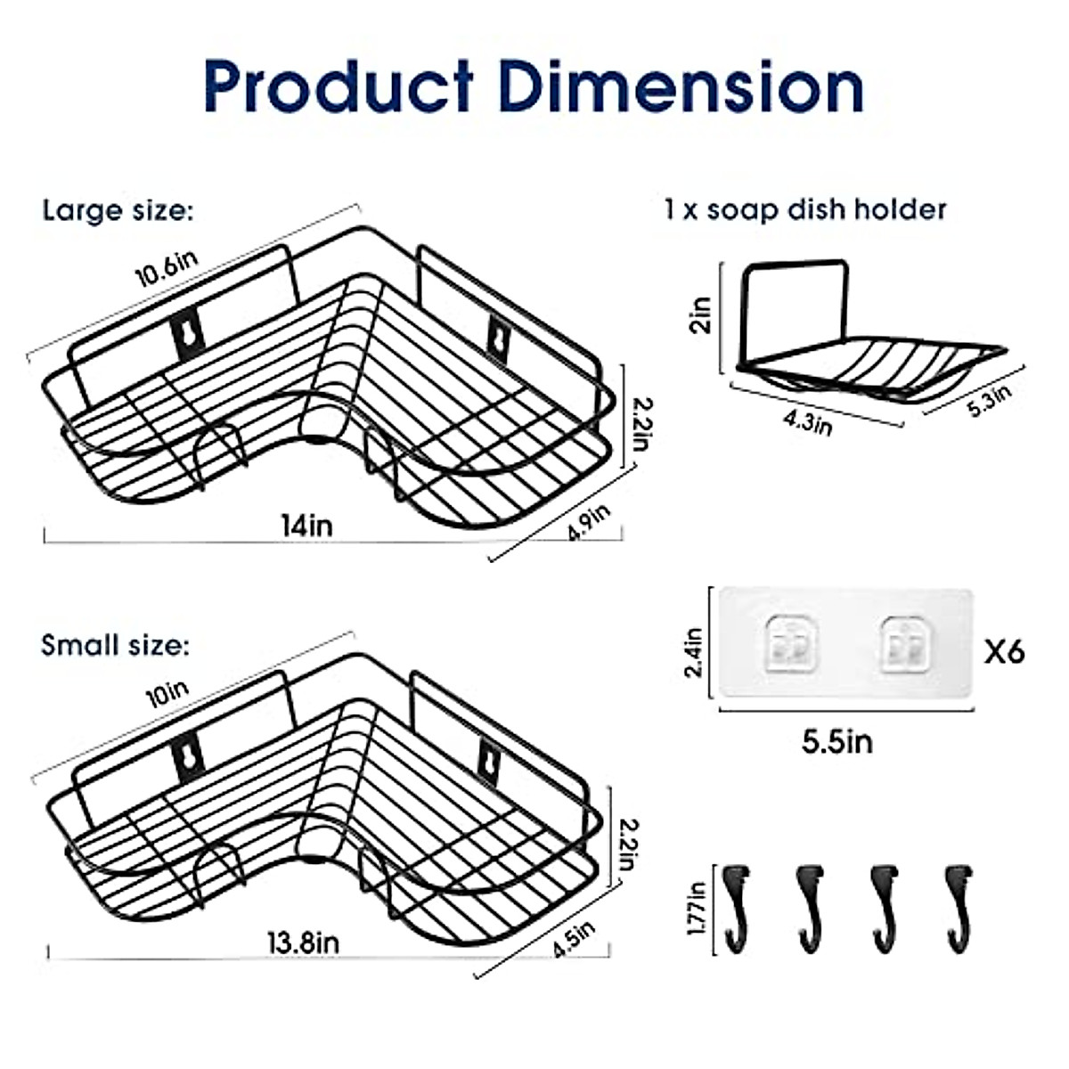 Huryfox Corner Shower Caddy Bathroom Organizer Shower Shelf with Soap Holder and Hooks, Adhesive Shower Shelves, Wall Mounted Shampoo Holder, 2 Pack Shower Racks for Inside Shower, Black