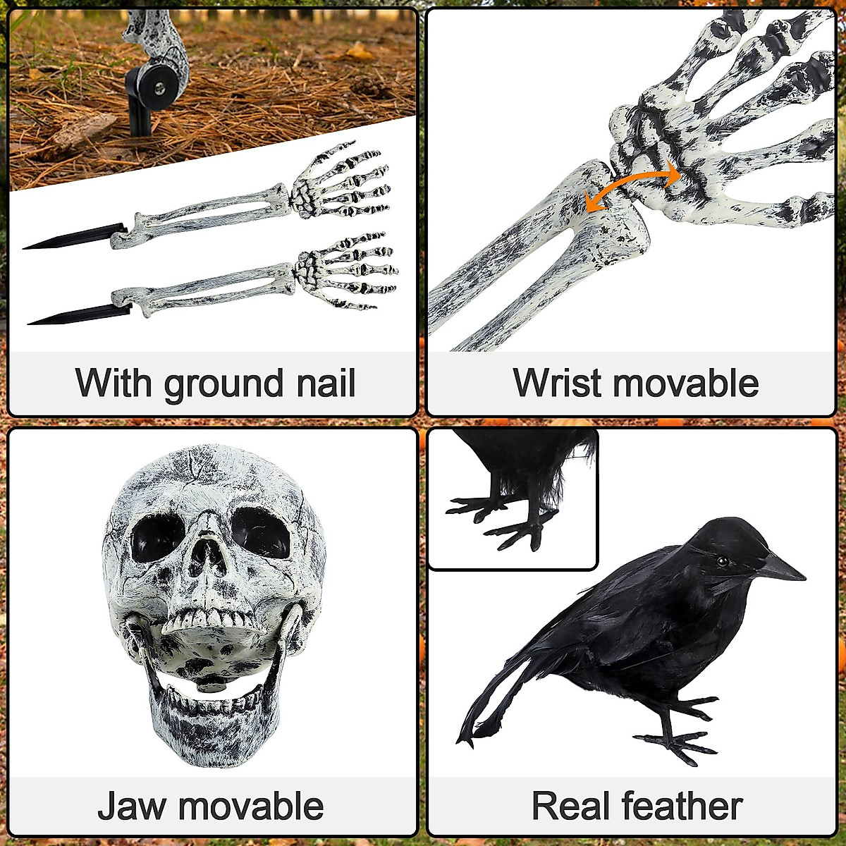 Skeleton Stakes with Crows - Scary Outdoor Halloween Yard Lawn Decorations, Groundbreakers for Skull Garden Graveyard Decor