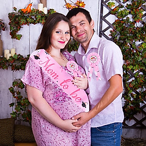 JOYMEMO Pink Halloween Baby Shower Decorations, Mom to Be & Dad to Be Badge, Mom to Be Sash for Daddy and Mommy Halloween Baby Shower Party Favors, Gender Reveal Party Supplies