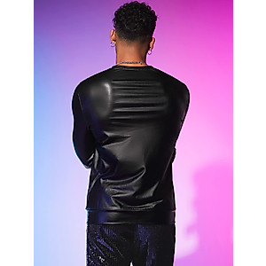 WDIRARA Men's Round Neck Long Sleeve PU Leather Sweatshirt Party Club Pullovers Black S