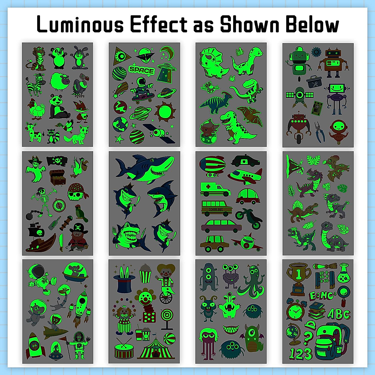 Partywind 145 Styles - Luminous Temporary Tattoos for Boys Kids, Glow Fake Tattoo Stickers for Children Featuring Dinosaur Space Pirate Cars and More, Glow Kids Birthday Party Supplies Favors