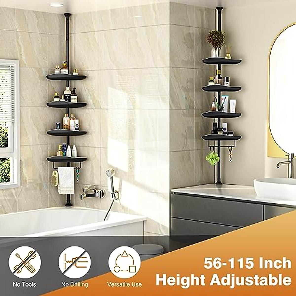 Epicano Shower Caddy Corner,56 to 115.7inches Adjustable Tension Pole Shower Caddy Stand, Rustproof 304 Stainless Steel Pole for Bathroom, Bathtub Storage Organizer,4-Tier, Black and White