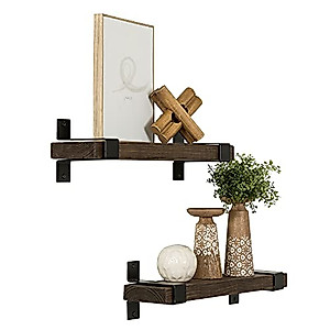 del Hutson Designs 20" Industrial Grace Wrap Bracket Farmhouse Solid Natural Pine Wood Wall Mount Display Ledge Floating Shelf, Dark Walnut (Set of 2)