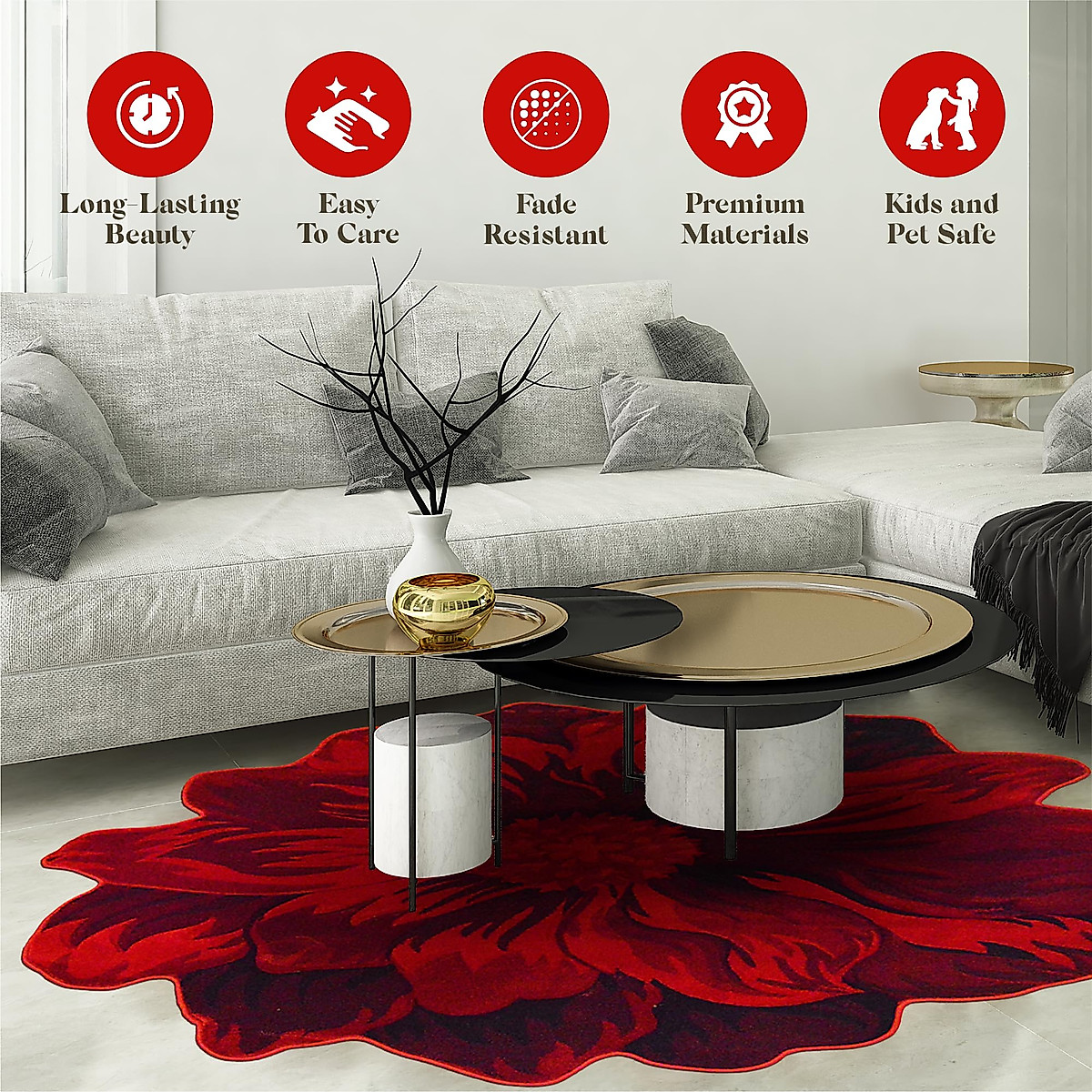 Flower Rug 2ft Round Area Rugs Cute Plush Flower Shaped Rug Circle Girly for Bedroom Floor Living Room Carpet 305 Red