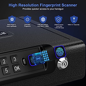 Gun Safe,Biometric Gun Safe for Pistols 3-Ways unlock Safe Fingerprint Digital PIN Key Unlock with Voice, Gun lock box for Cloakroom living room Bedroom Nightstand and Car BILLCONCH