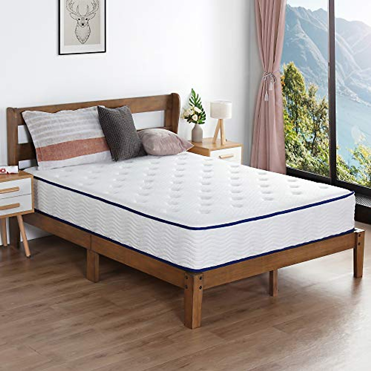 PrimaSleep 10 inch Hybrid Tight Top Spring Mattress,White/Blue Piping/Dura I Gel Foam (King)