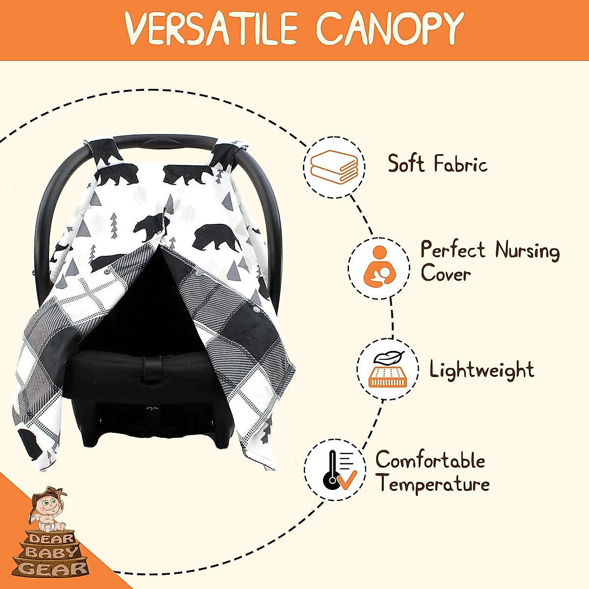 Dear Baby Gear - Infant Carseat Canopy and Winter Cover - Car Seat Cover for Girls & Boys - Doubles as Stroller Covers - Black Bears - Black and Grey - Plaid - 40" x 30"