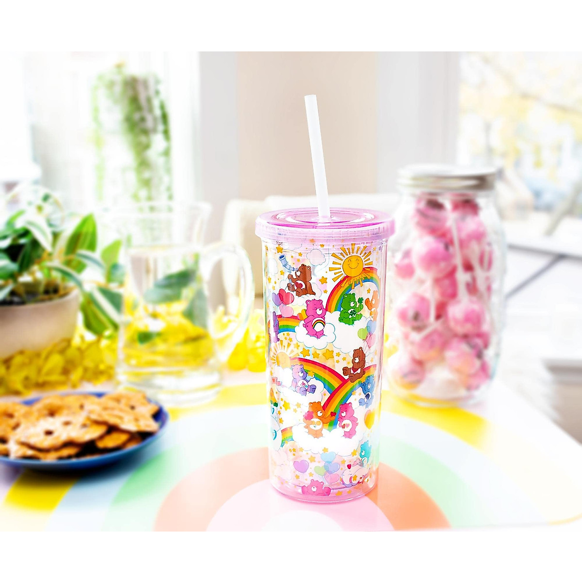 Silver Buffalo Care Bears Rainbow Stars Plastic Carnival Cup, Travel Tumbler With Lid and Reusable Straw | Holds 20 Ounces Yellow