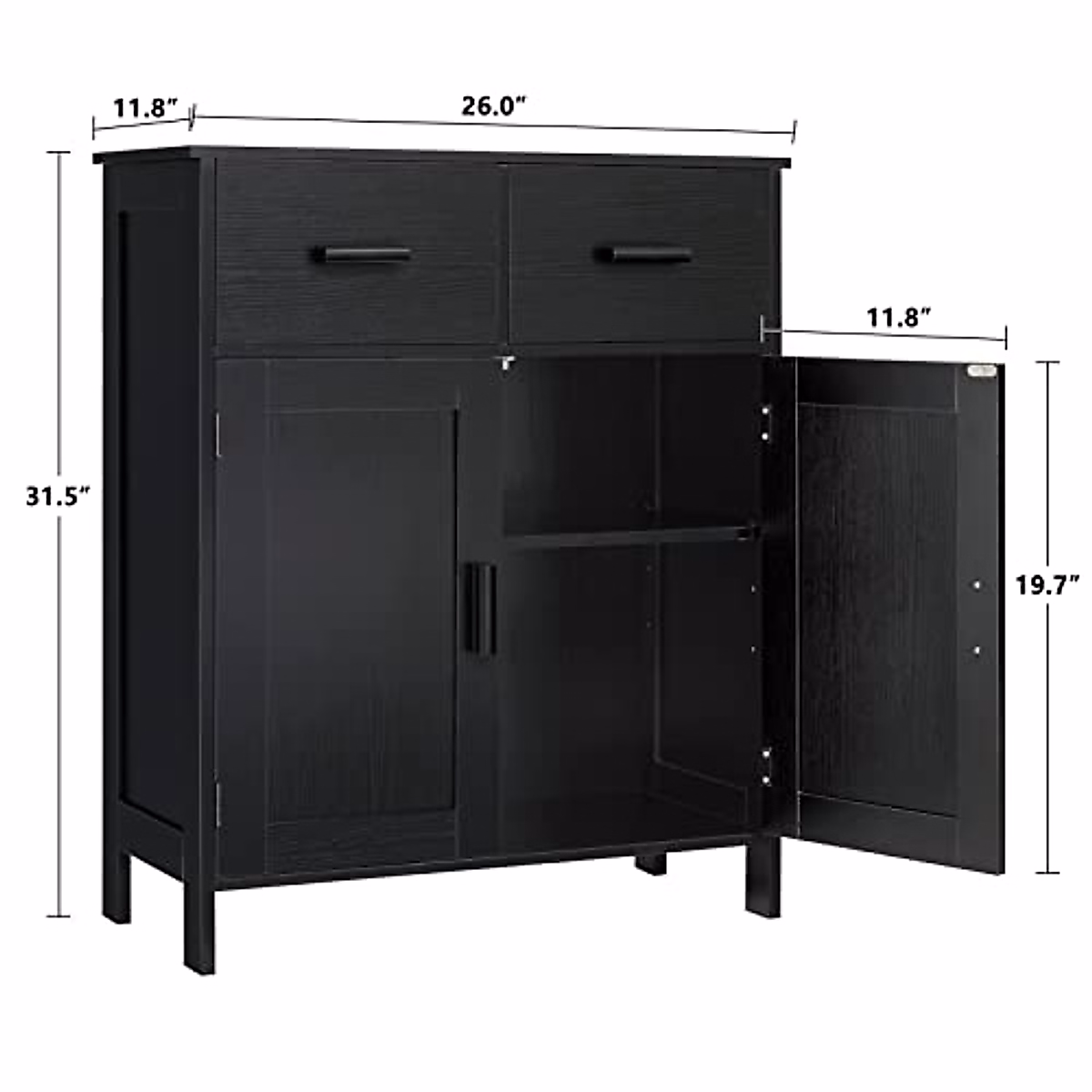 Quimoo Storage Cabinet, Bathroom Floor Cabinet with 2 Doors & Adjustable Shelves, Bathroom Storage Cabinet with 2 Doors for Living Room, Home Office, Black