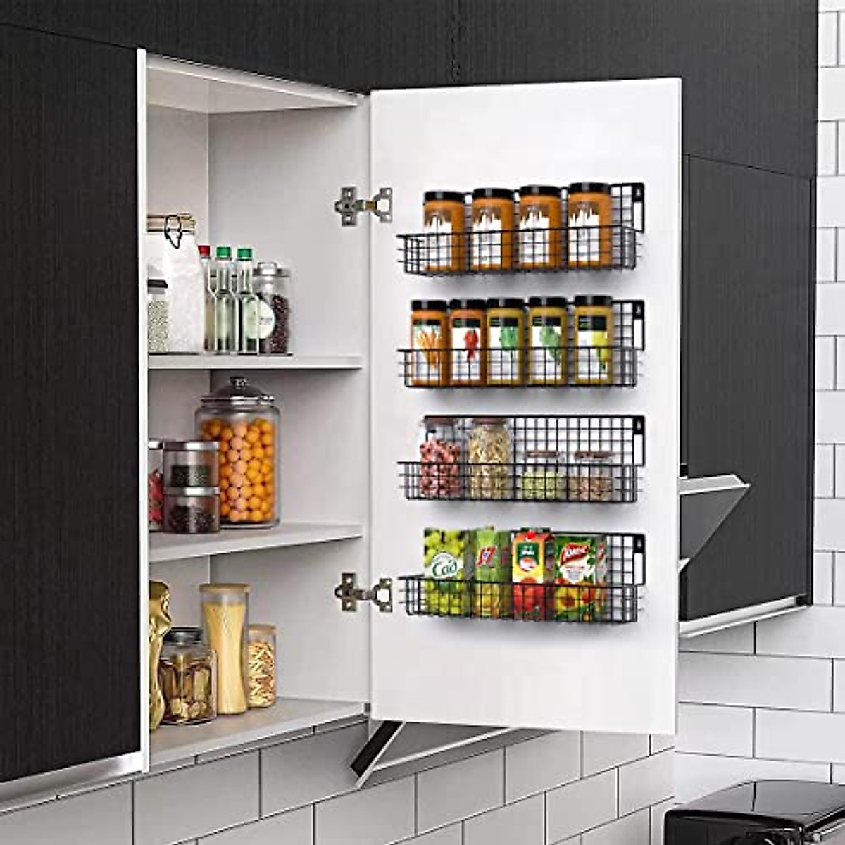 meluke Wall Mounted Spice Rack Organizer for Cabinet Door, 4 Tier Metal Hanging Seasoning Jar Storage Rack Condiment Bottle Organizer Holder Rack for Kitchen, Cabinet, Cupboard, Pantry Door (Black)