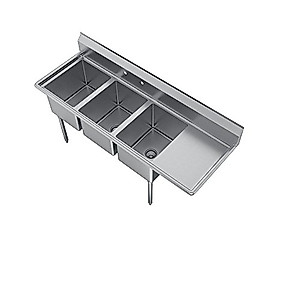 Elkay Foodservice 3 Compartment Sink, 54.5"X25.75" OA, 36" Working Height, 16X20 Bowl, 14 Deep, 9.75" Backsplash, Right 18" Drainboards, 8" On Center Faucet Hole, Galvinized Legs, Adjustable Feet, 16 Gauge 300 Series Stainless Steel, NSF Certified