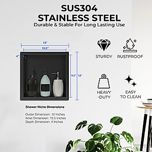 MNML DESIGN Shower Niche 12"x12" Bathroom shelves-Stainless Steel matte black bathroom Organizer accessories shelf no Tile needed, Waterproof recessed wall mounted Insert Storage Shower caddy