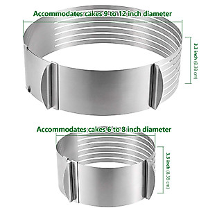 2 PCS Adjustable Cake Ring Cutter, HAKZEON Stainless Steel 7-Layered Cake Slicer Leveler 6-8 Inch, 9-12 Inch Mousse Slicing Round Bread Mold Baking Tool Kit Set for Kitchen DIY Restaurant Bakery